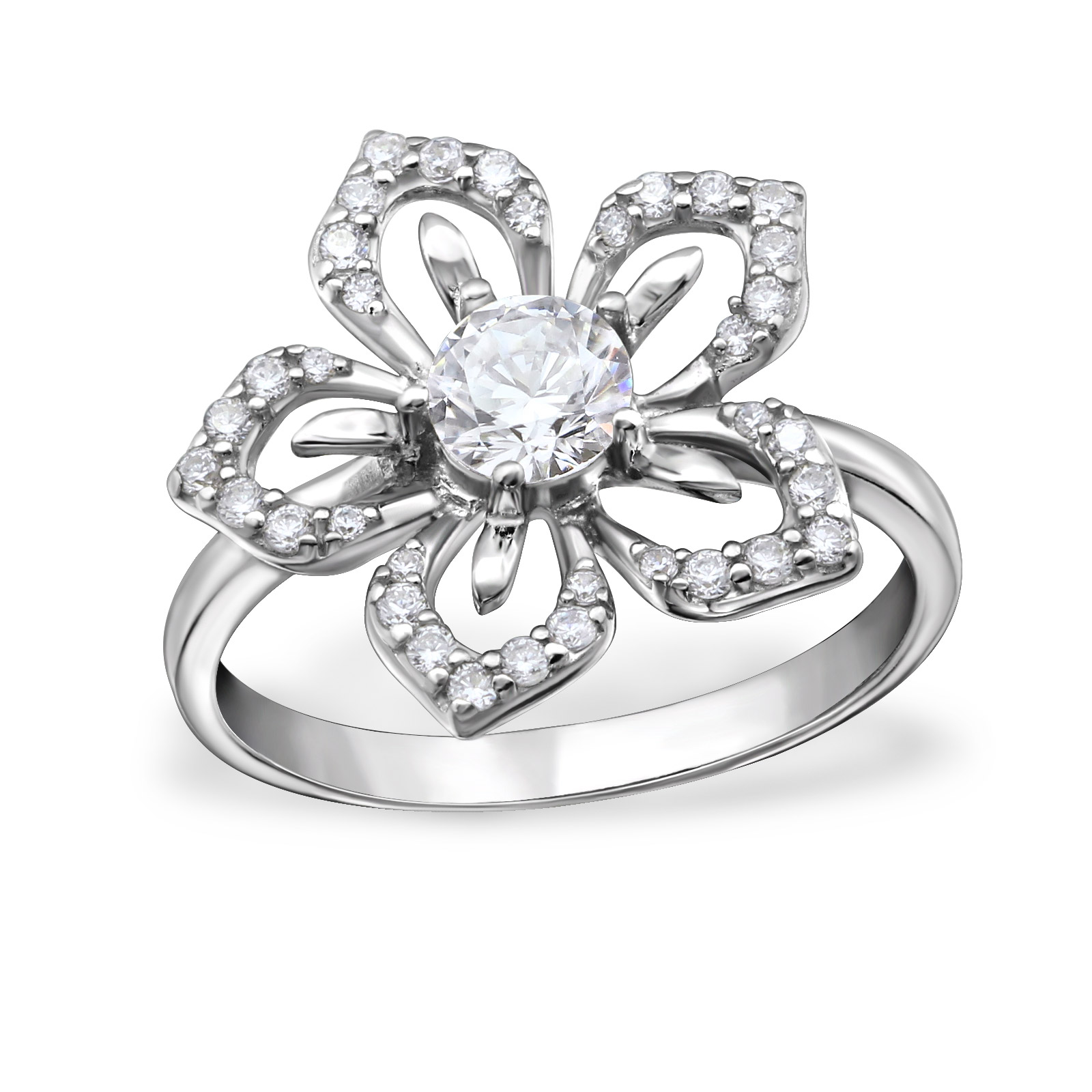 Flower - 925 Sterling Silver + Cubic Zirconia Jewelled Rings